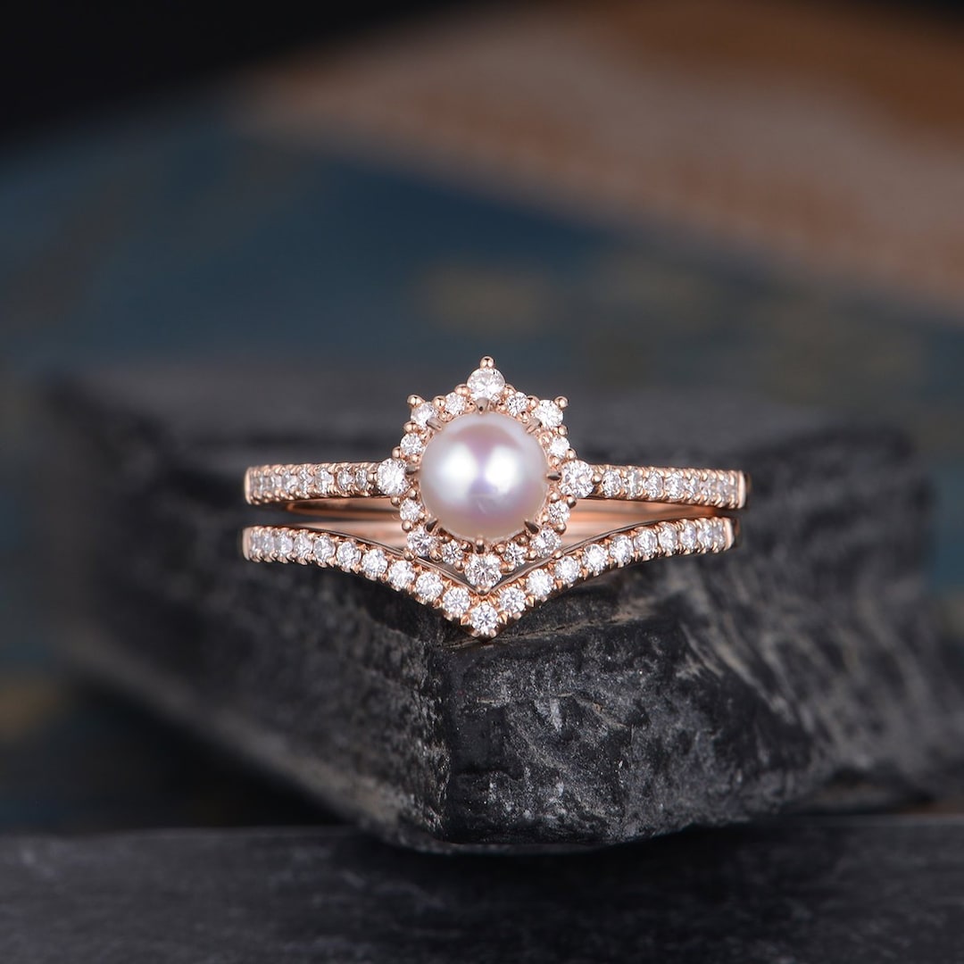 Rose Gold Pearl Engagement Ring Bridal Set Halo Diamond Natural Akoya ...