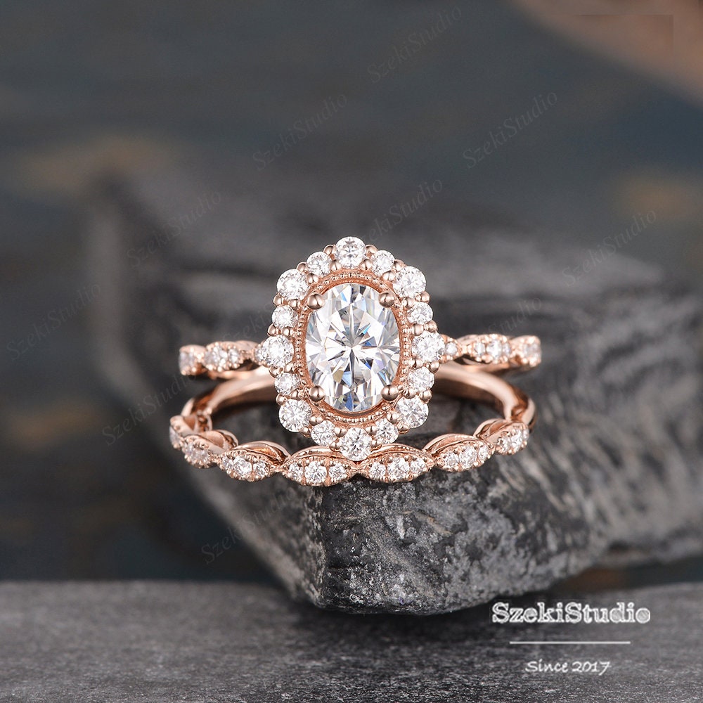 Cluster Moissanite Engagement Ring Set Rose Gold Oval Cut | Etsy