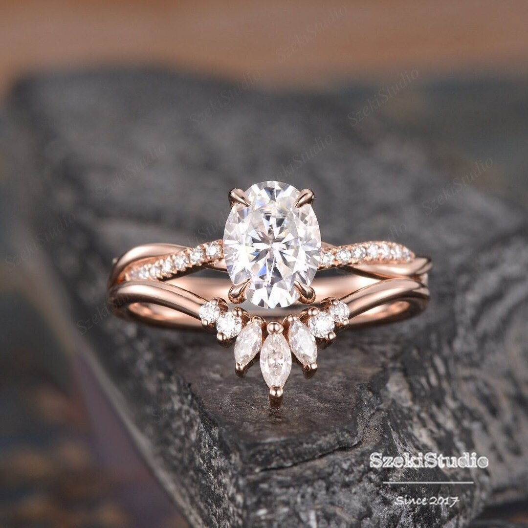 Infinity Oval Cut Moissanite Engagement Ring Set Rose Gold Bridal Set ...