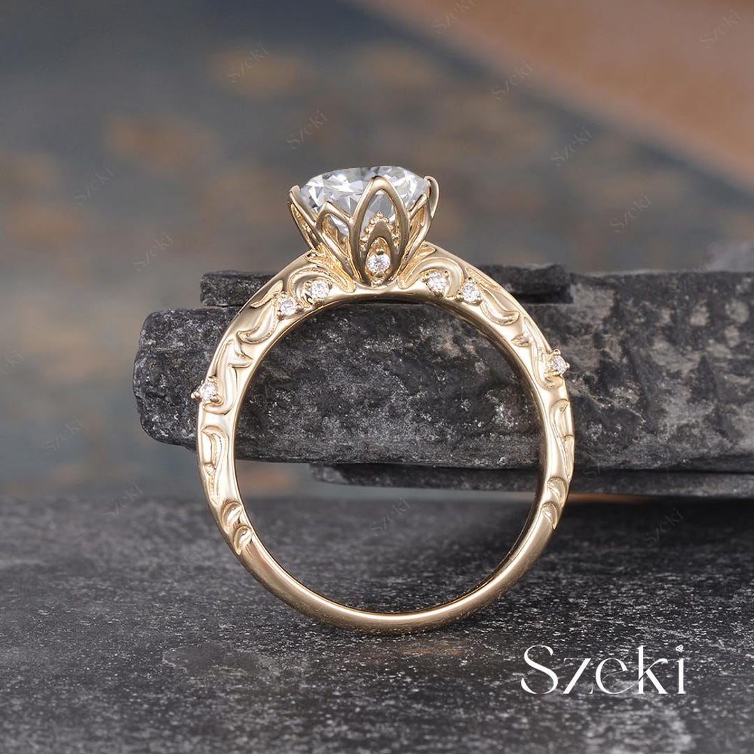 Antique Round Lab Grown Diamond Engagement Ring Solid Gold Lab Diamond ...