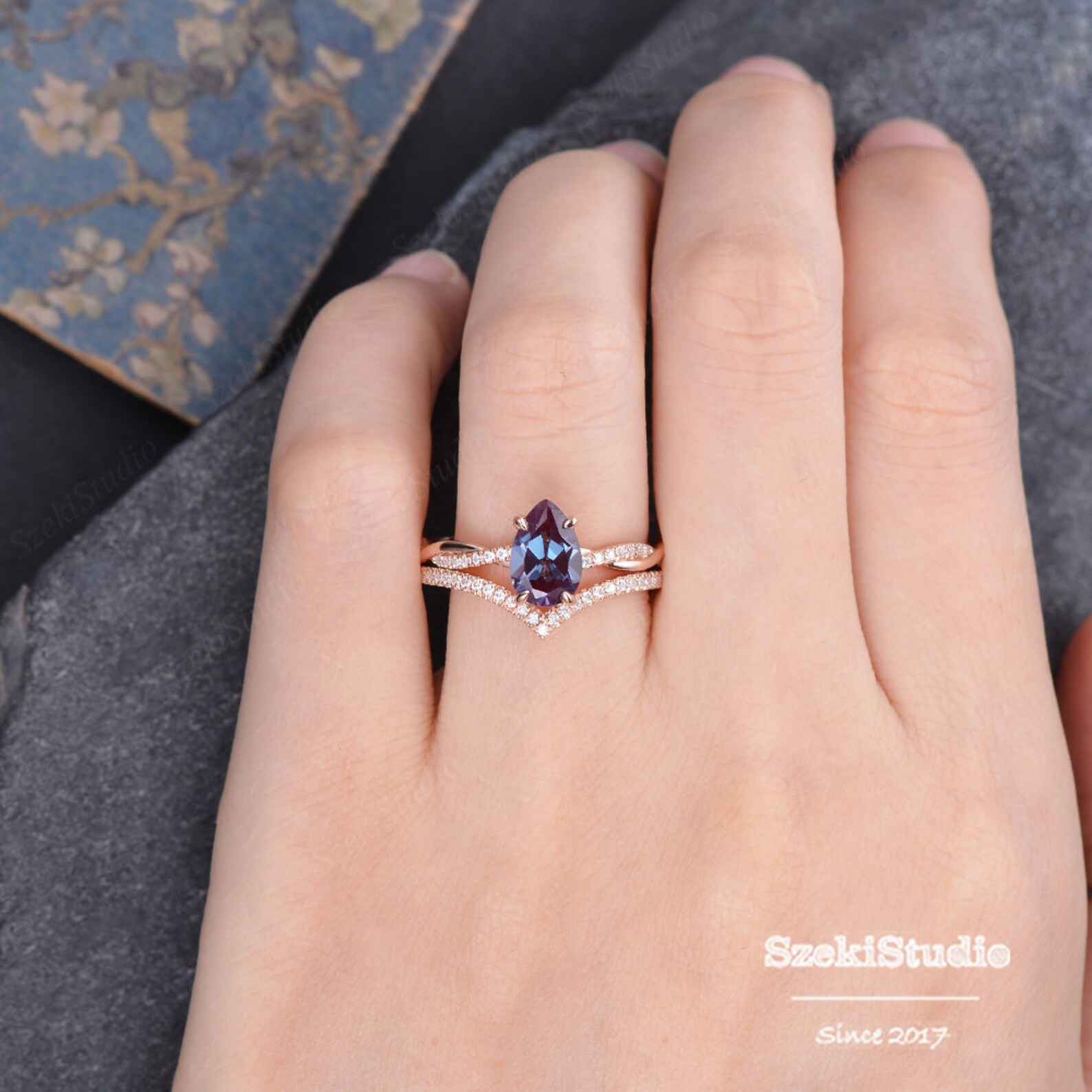 Infinity Alexandrite Engagement Ring Rose Gold Bridal Set Twist ...