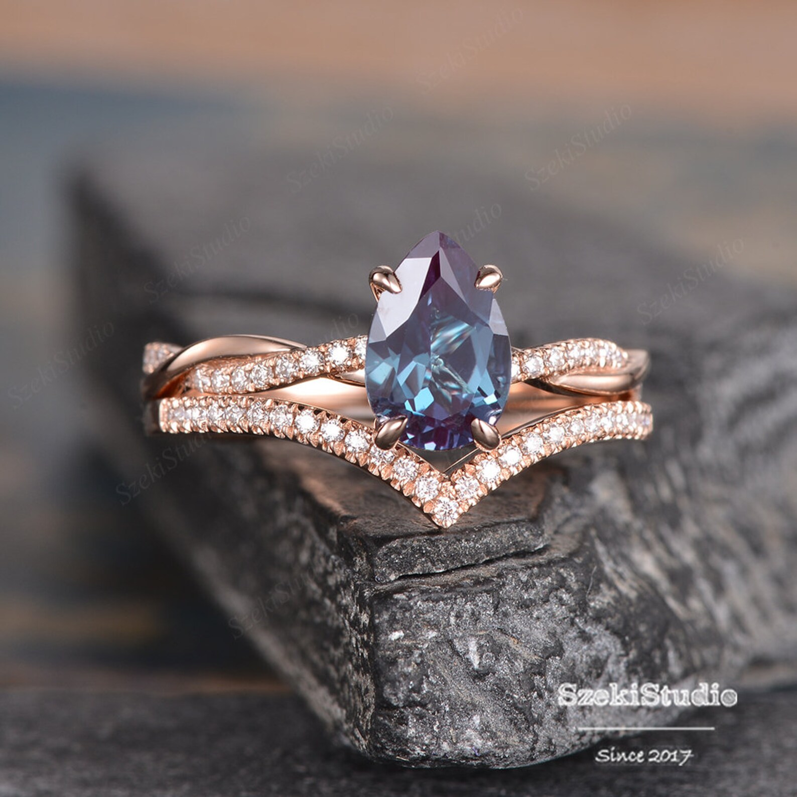 Infinity Alexandrite Engagement Ring Rose Gold Bridal Set Twist ...