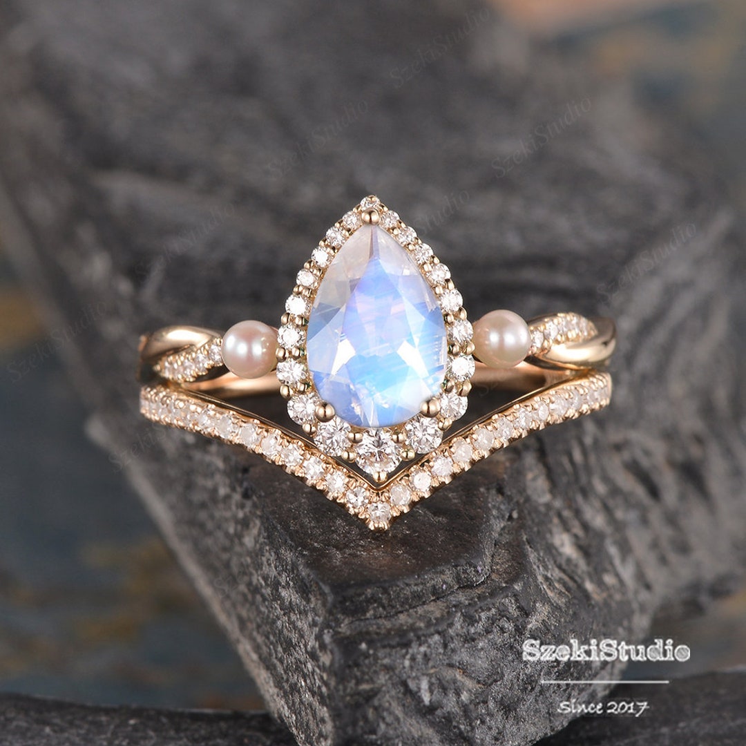 Pearl Moonstone Engagement Ring Set Yellow Gold Women Pear Shaped ...