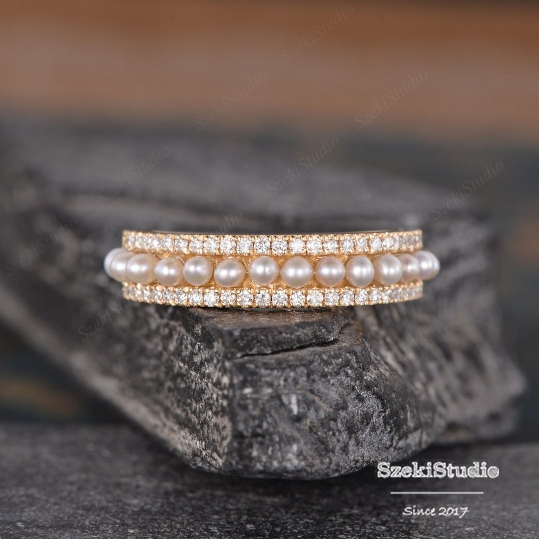 Vintage Pearl Wedding Ring Diamond Wedding Band Unique Bridal Ring ...