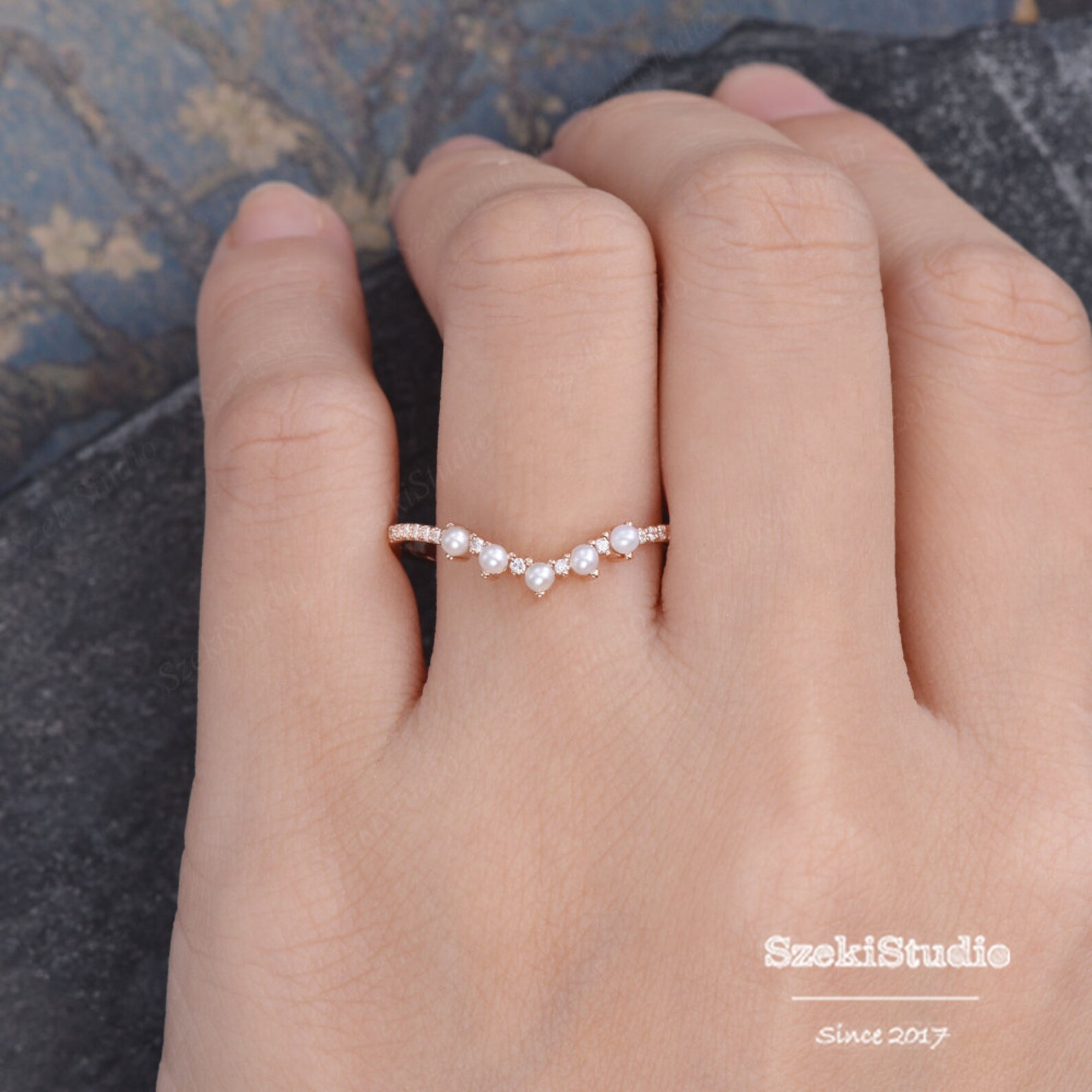Pearl Wedding Band Matching Ring Rose Gold Pearl Curved Diamond V ...