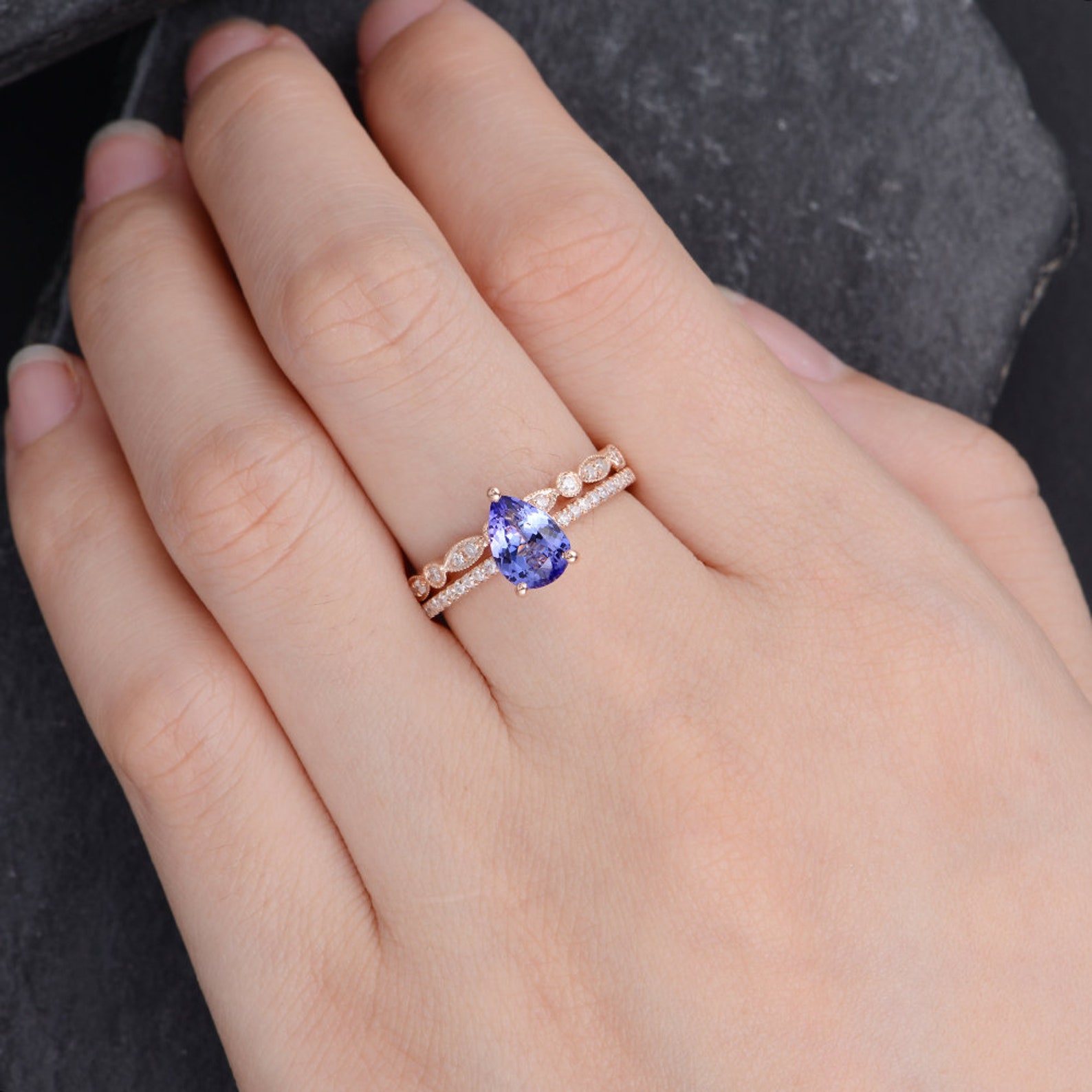 Pear Shaped Tanzanite Engagement Ring Rose Gold Bridal Set - Etsy