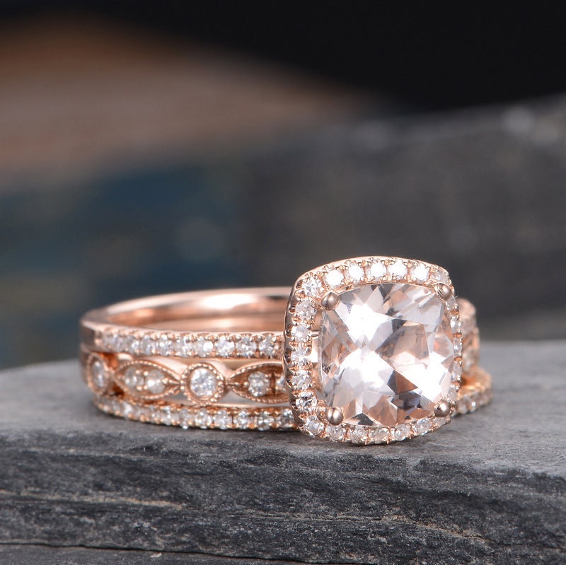 Rose Gold Engagement Ring Set Morganite Bridal Set Halo | Etsy