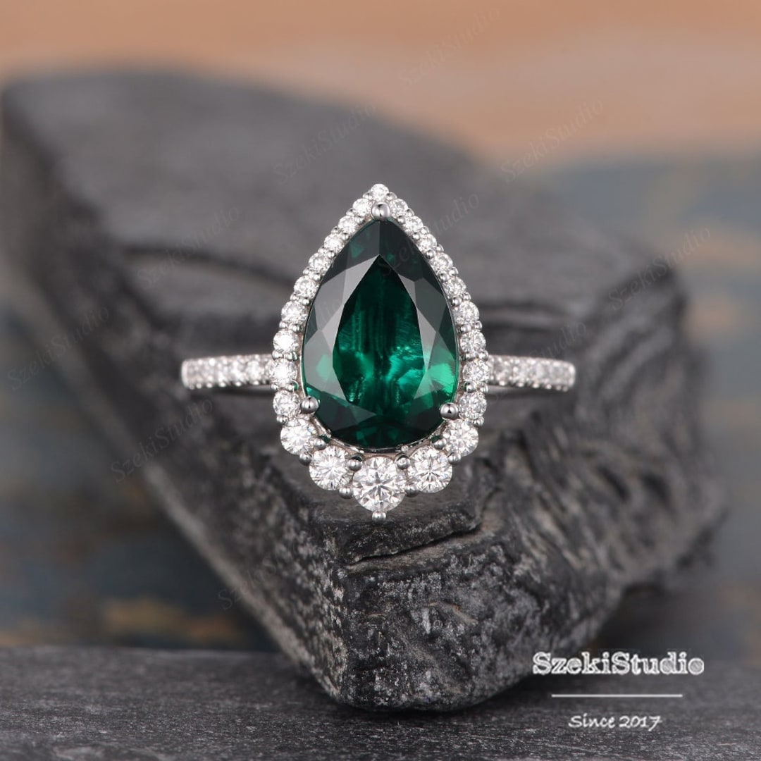 3.5ct Pear Cut Emerald Engagement Ring Pear Shaped Wedding Ring Rose ...