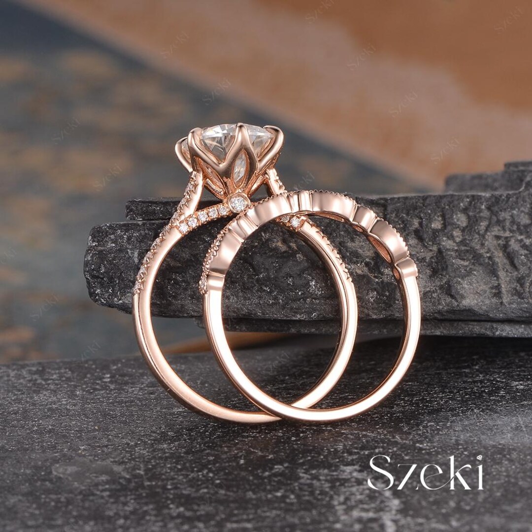 Antique Tulip Floral Engagement Ring Set Rose Gold 2CT Moissanite ...