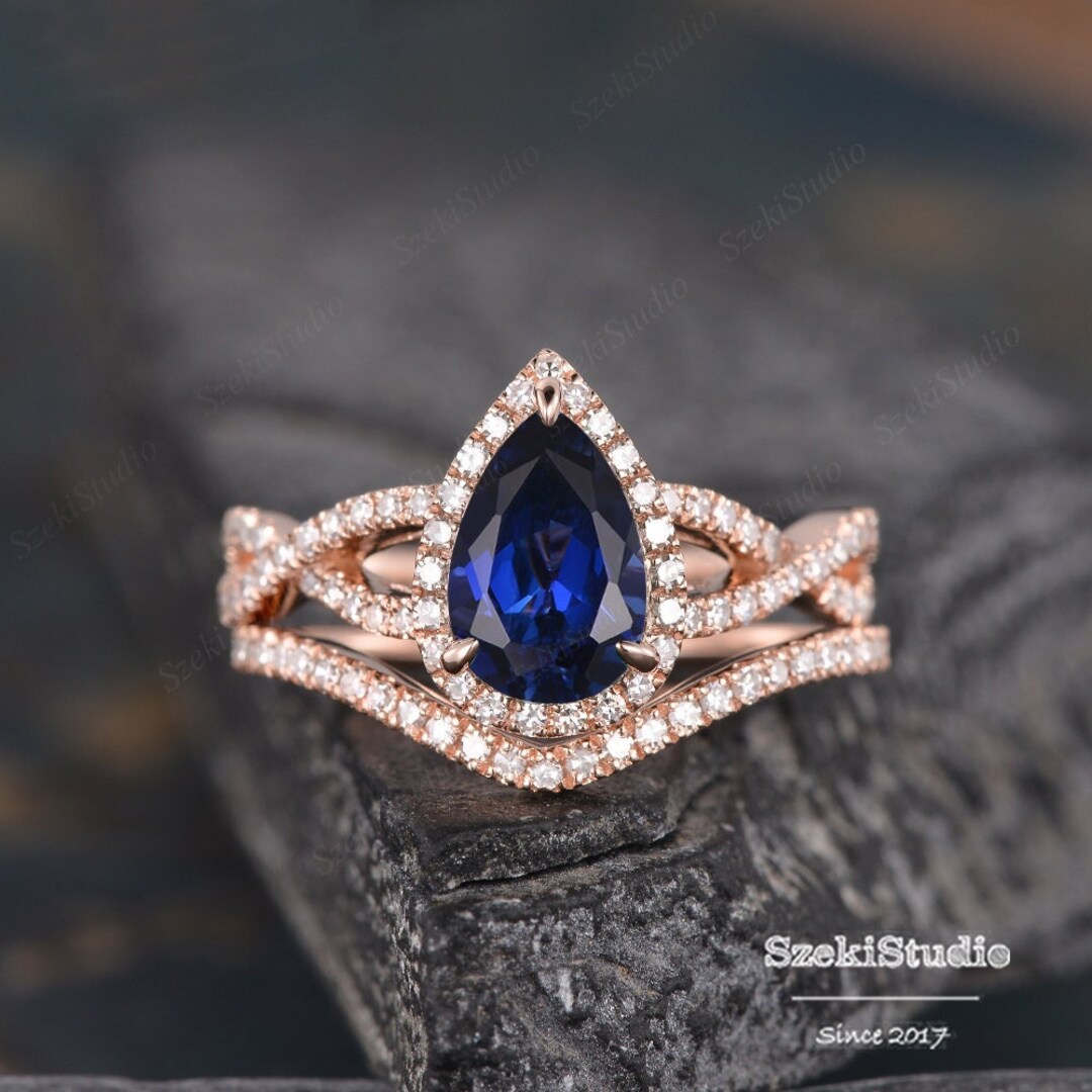 Pear Shaped Sapphire Engagement Ring Set Rose Gold Natural - Etsy