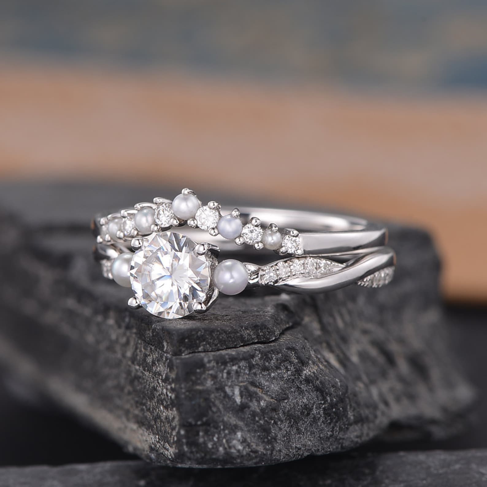 Pearl and Moissanite Engagement Ring Set White Gold Moissanite Bridal ...