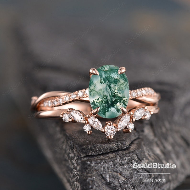 Infinity Oval Moss Agate Engagement Ring Gold Ring Unique - Etsy