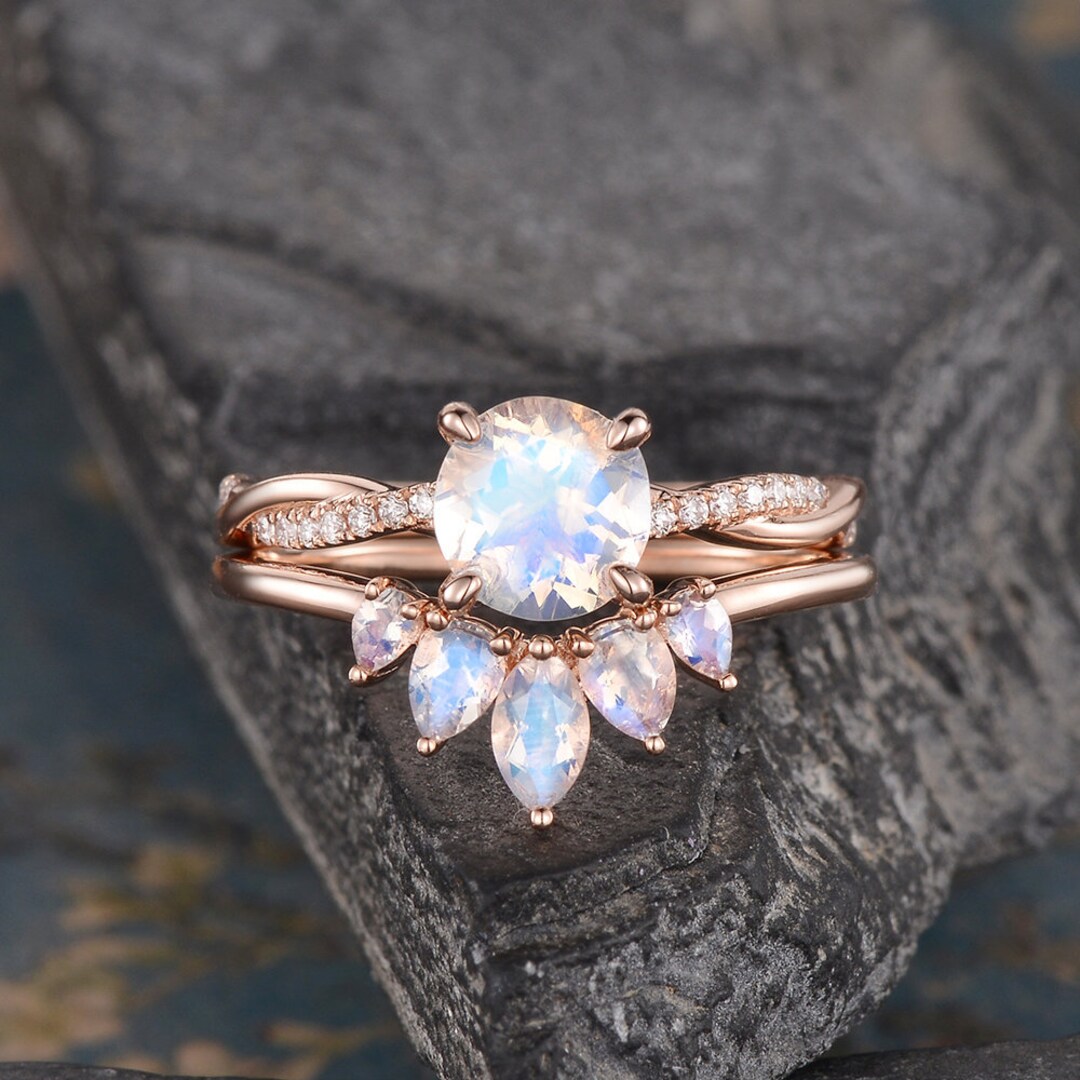 Infinity Moonstone Engagement Ring Set Bridal Set Rose Gold 7mm Round ...