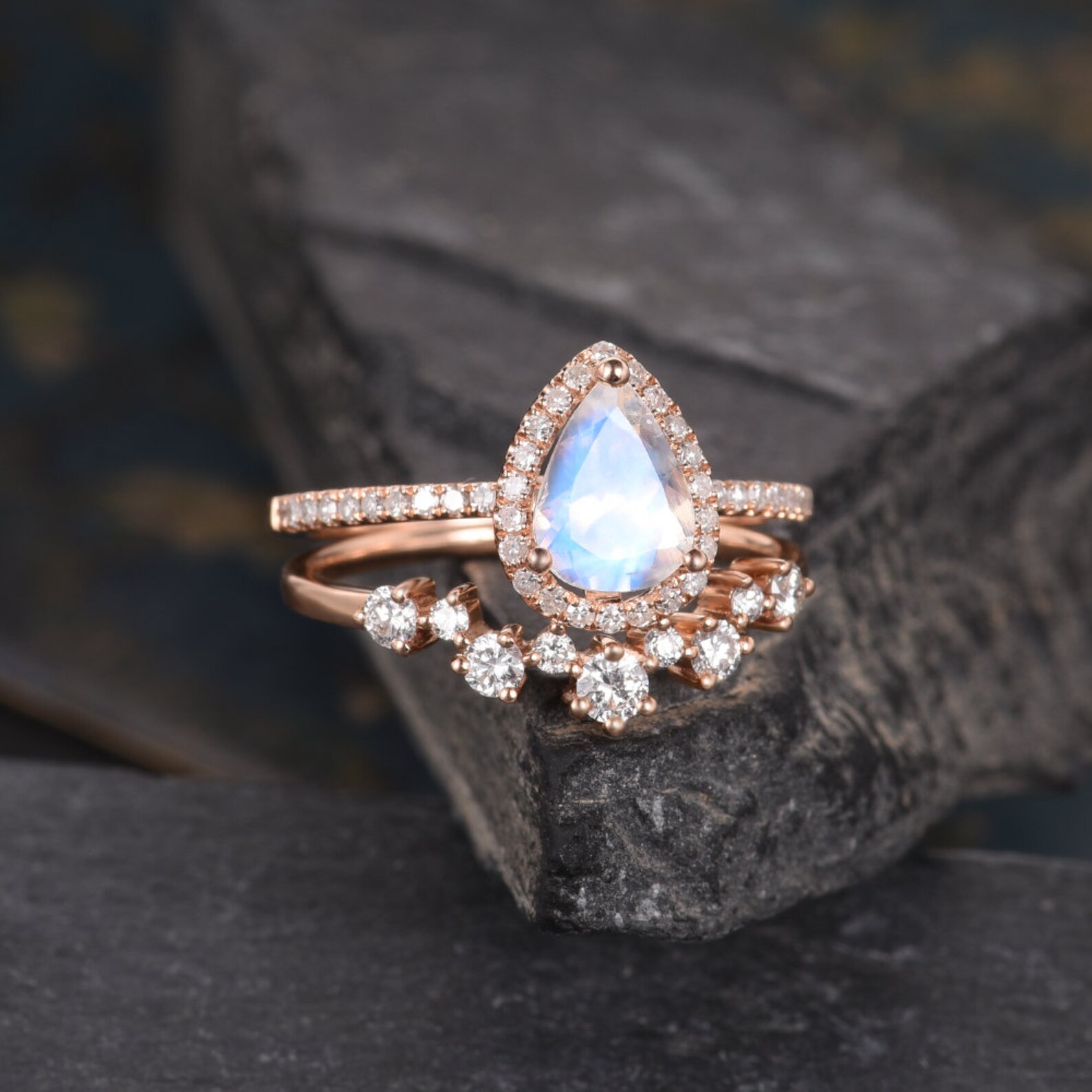 Pear Shaped Moonstone Engagement Ring Cluster Diamond Ring - Etsy