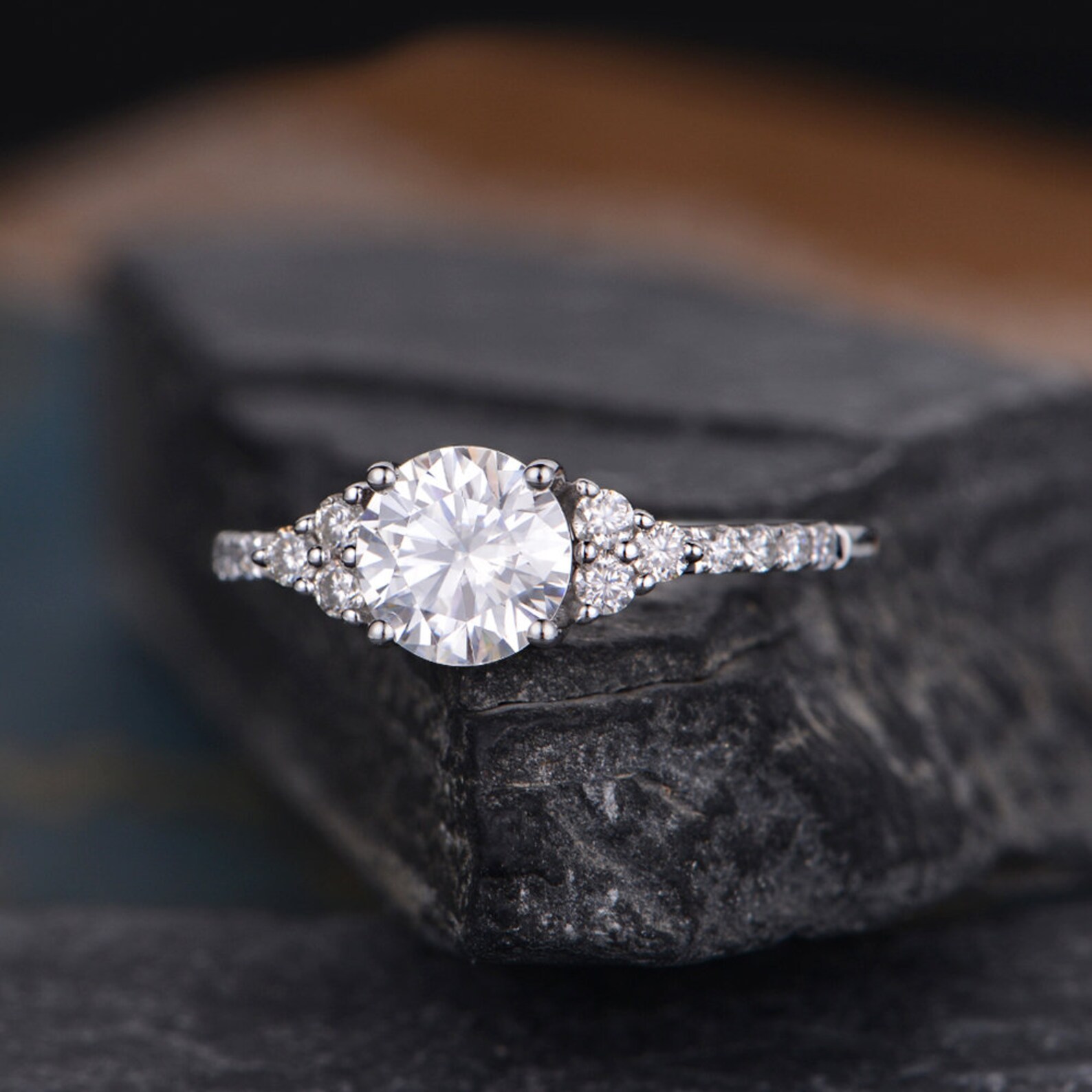 Round Cut Moissanite Engagement Ring Rose Gold Cluster Diamond Women ...