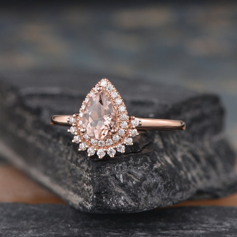 Pear Shaped Morganite Engagement Ring Rose Gold Morganite Ring Double ...