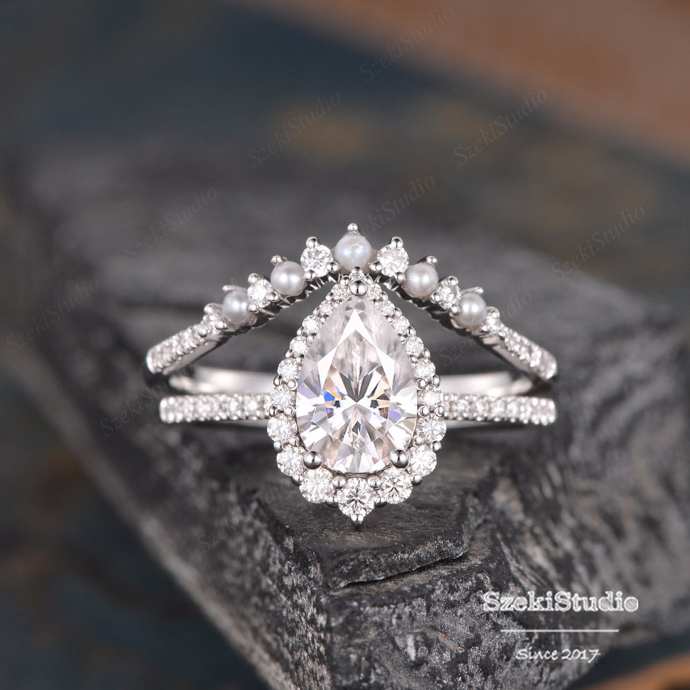 Cluster Moissanite Engagement Ring Set White Gold Pear Shaped - Etsy