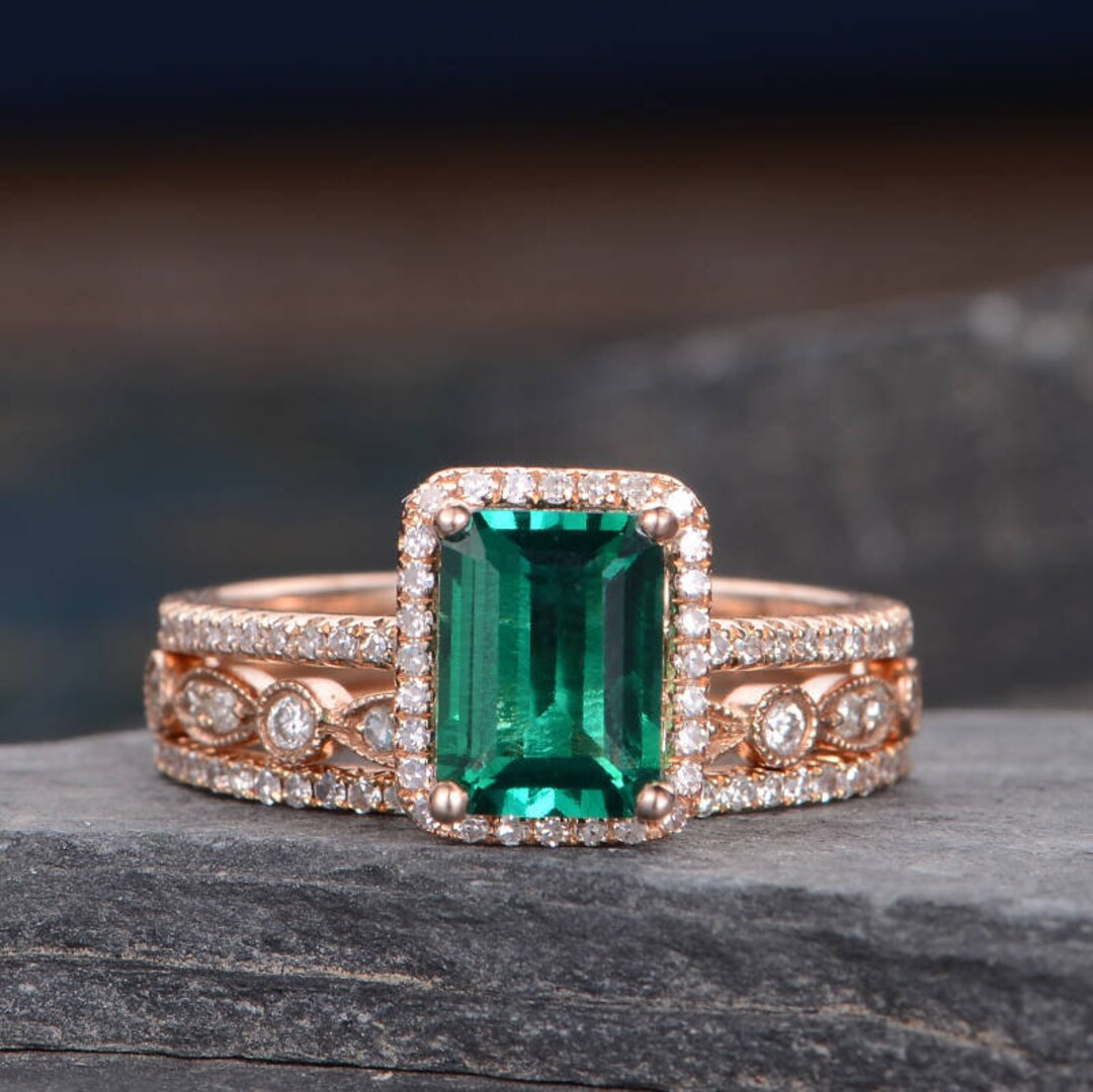 Lab Emerald Engagement Ring Sets Rose Gold Wedding Bands Bridal Set ...