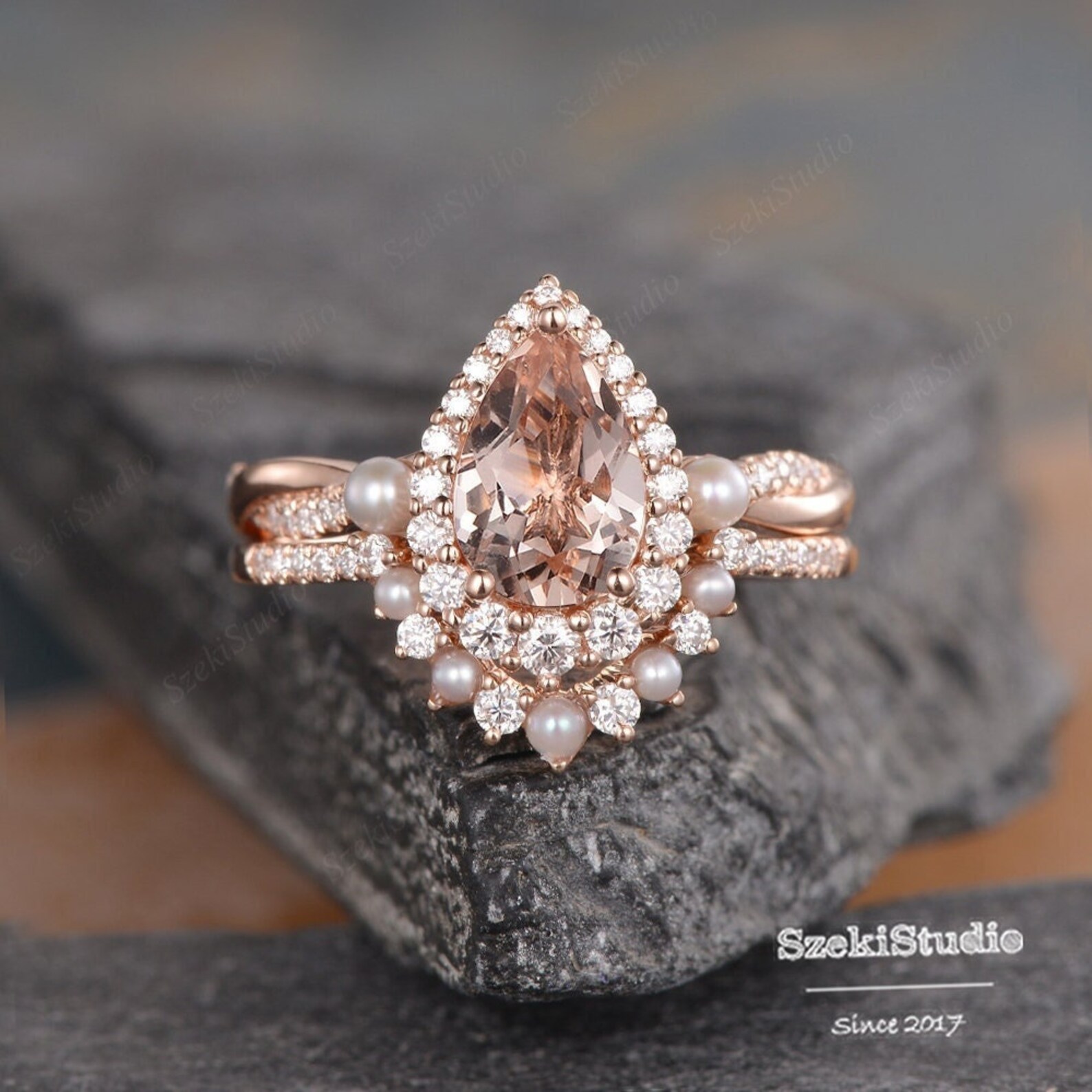 6x9mm Morganite Ring Set Morganite Engagement Ring Set Rose Gold Bridal ...