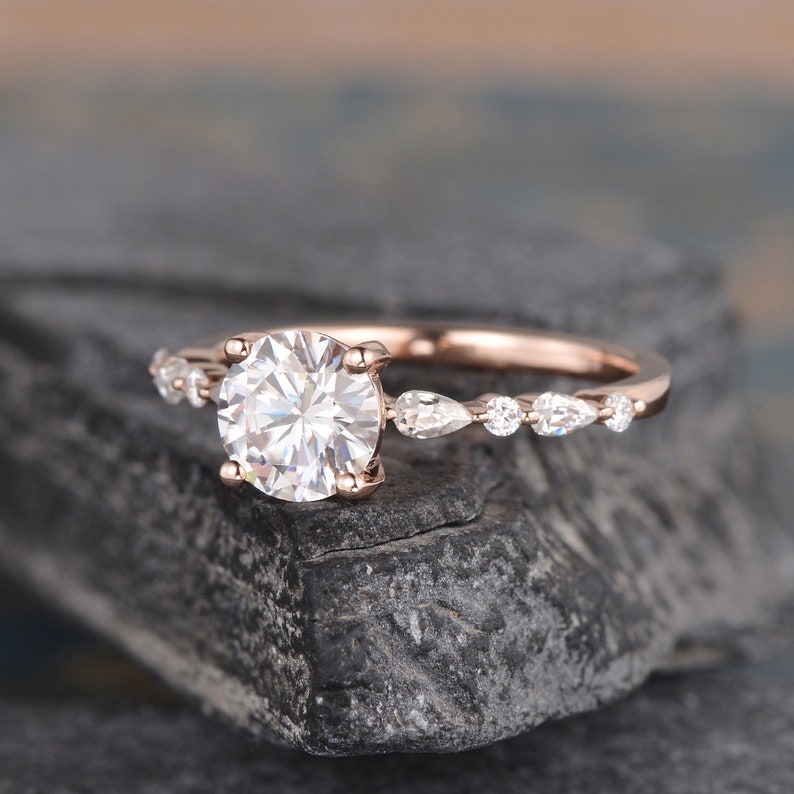 Unique Moissanite Engagement Ring Rose Gold 6 5mm 1ct Round Etsy