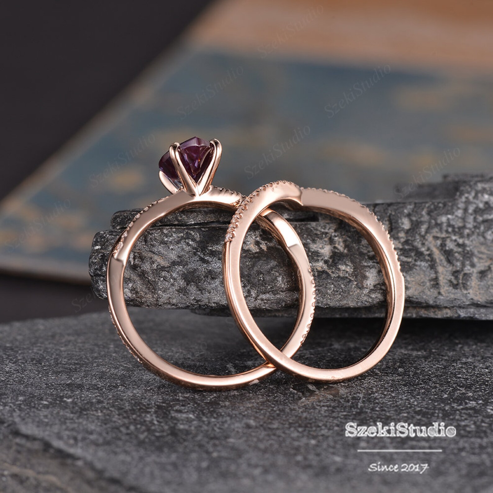 Infinity Alexandrite Engagement Ring Rose Gold Bridal Set Twist ...