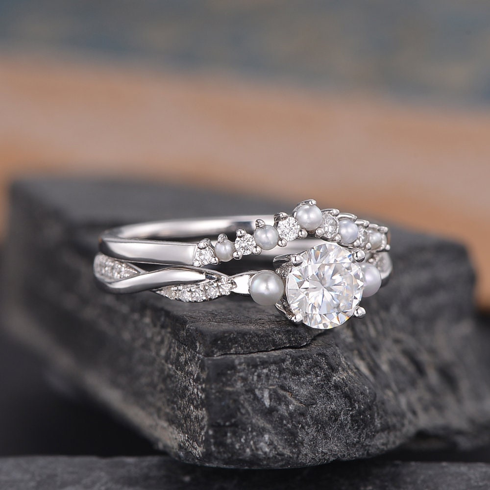 Pearl and Moissanite Engagement Ring Set White Gold Moissanite Bridal ...