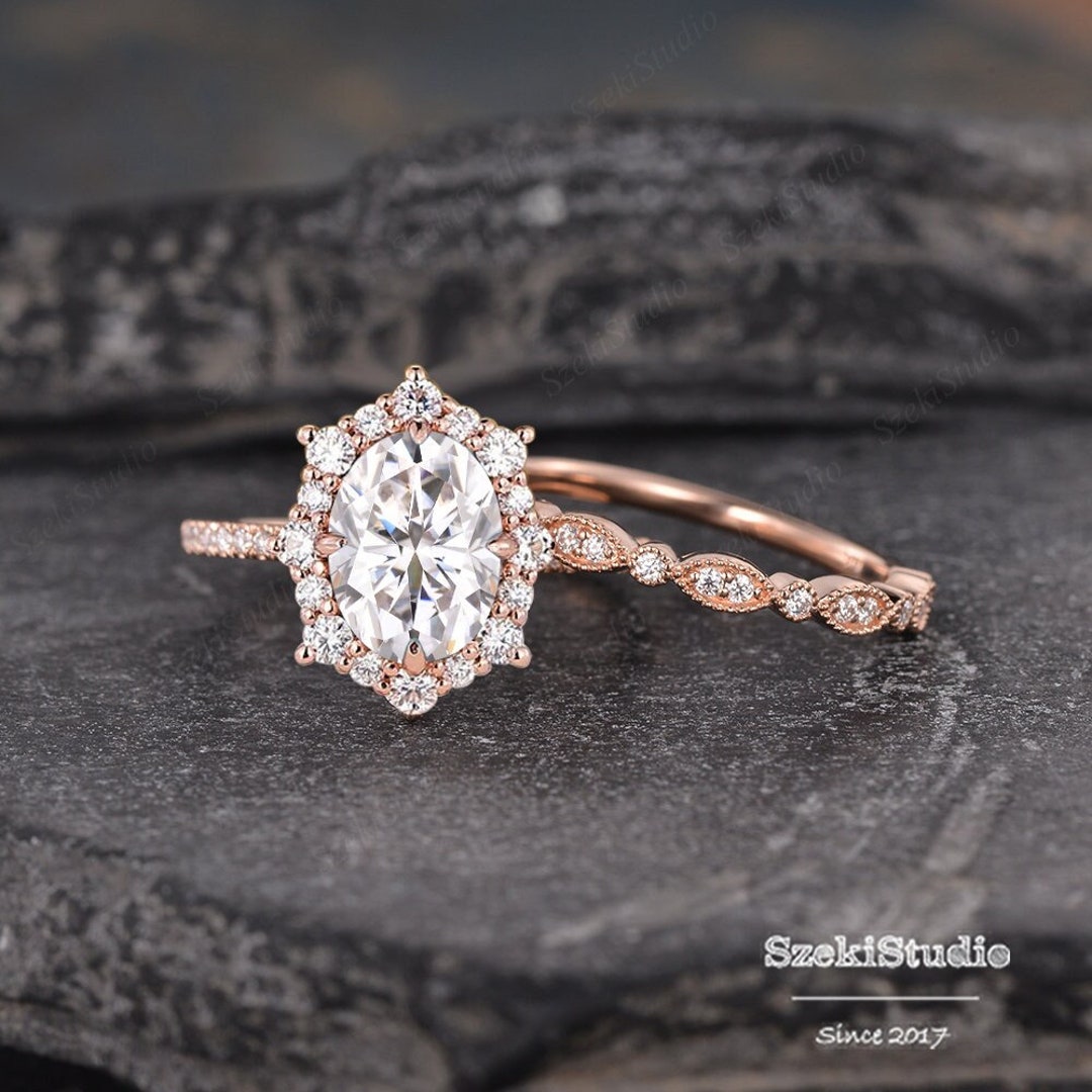 Oval Moissanite Engagement Ring Set Vintage Floral Halo Wedding Ring ...