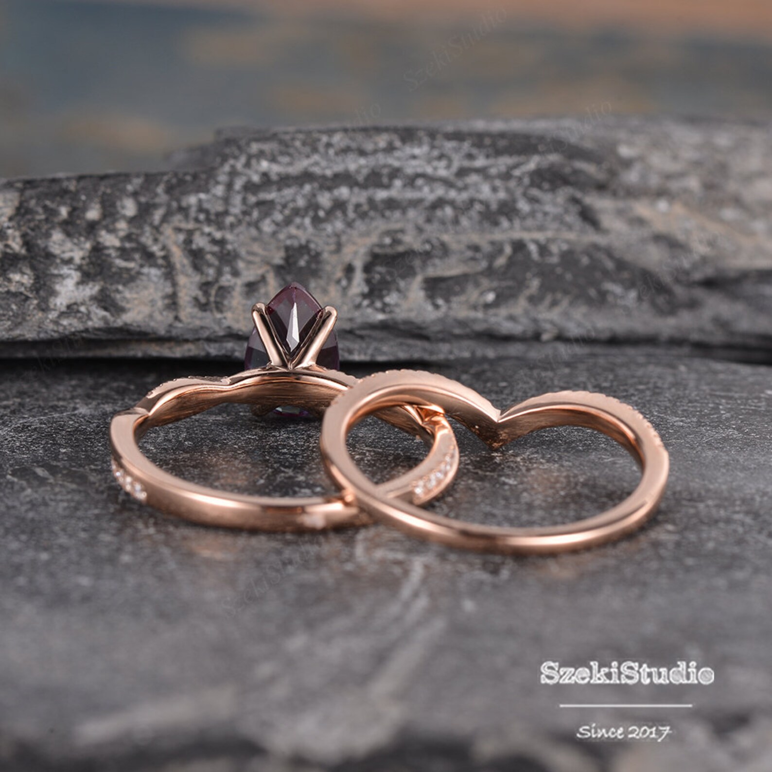 Infinity Alexandrite Engagement Ring Rose Gold Bridal Set Twist ...