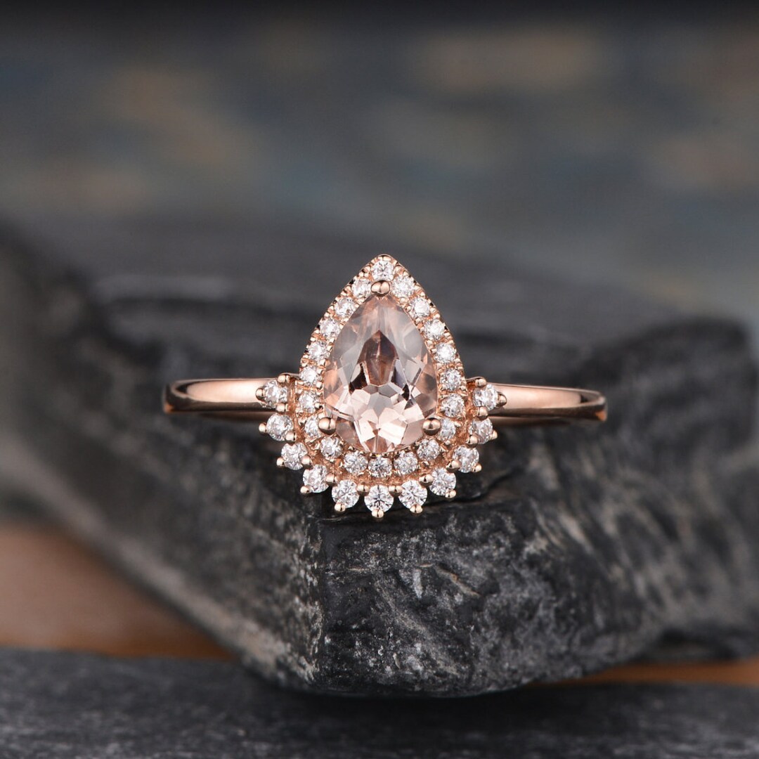 Pear Shaped Morganite Engagement Ring Rose Gold Morganite Ring Double ...
