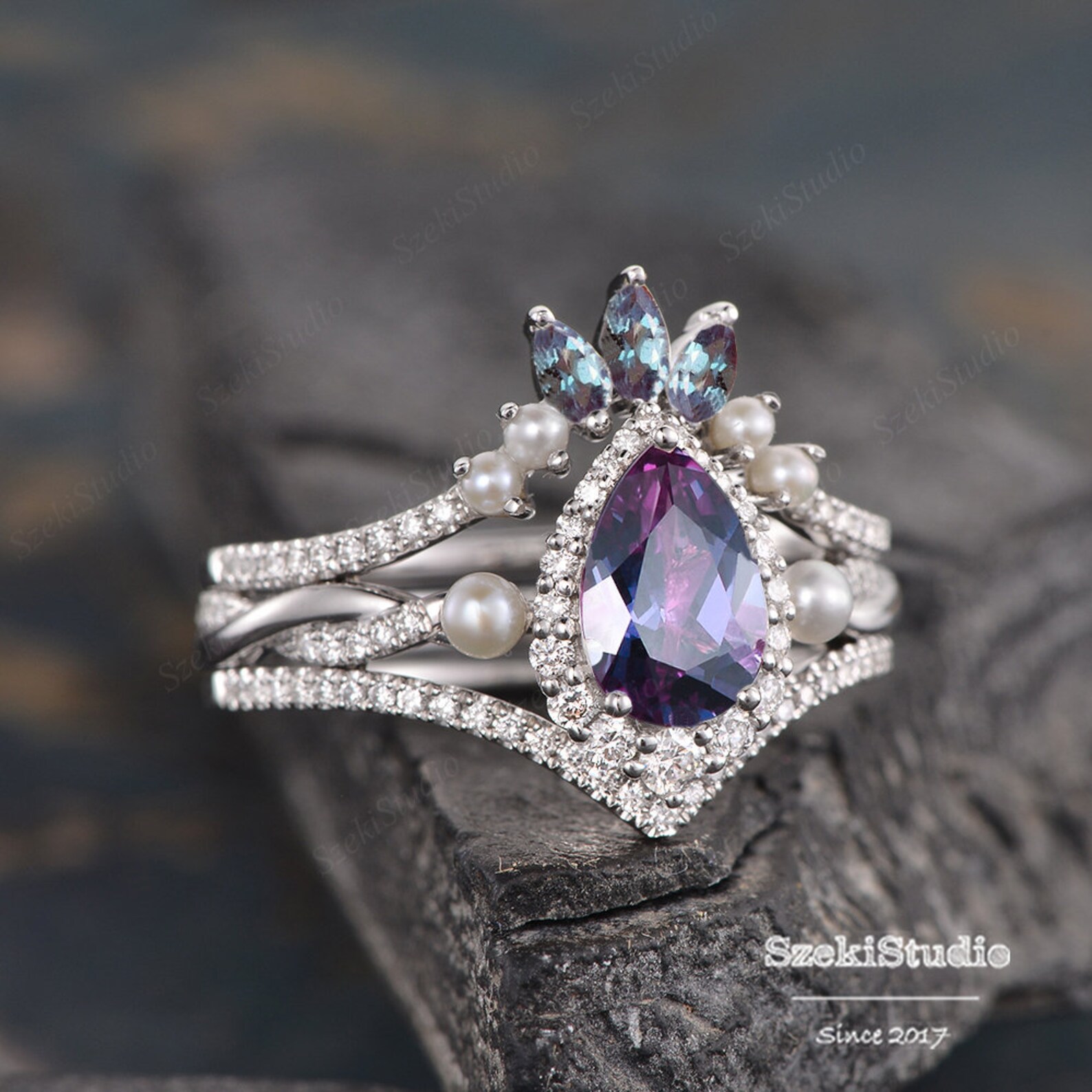 Alexandrite Engagement Ring Set White Gold Alexandrite Bridal - Etsy