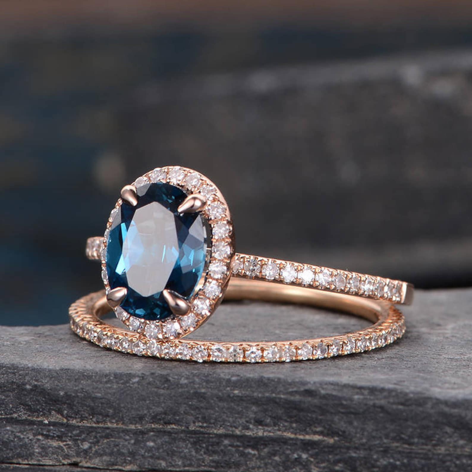 London Blue Topaz Engagement Ring Set Row Gold Bridal Set | Etsy