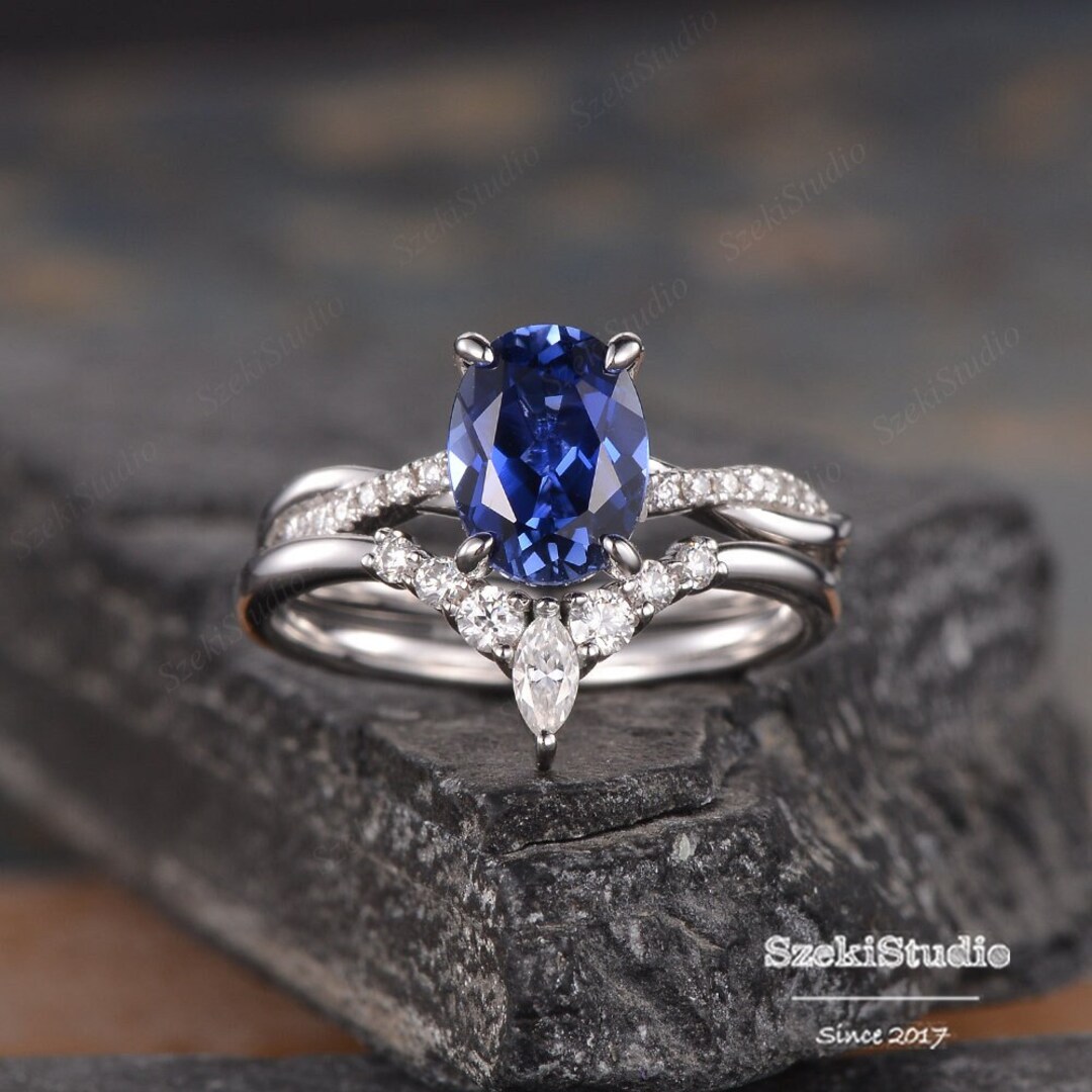 Oval Cut Lab Sapphire Infinity Ring White Gold Bridal Set 2pcs Twist ...