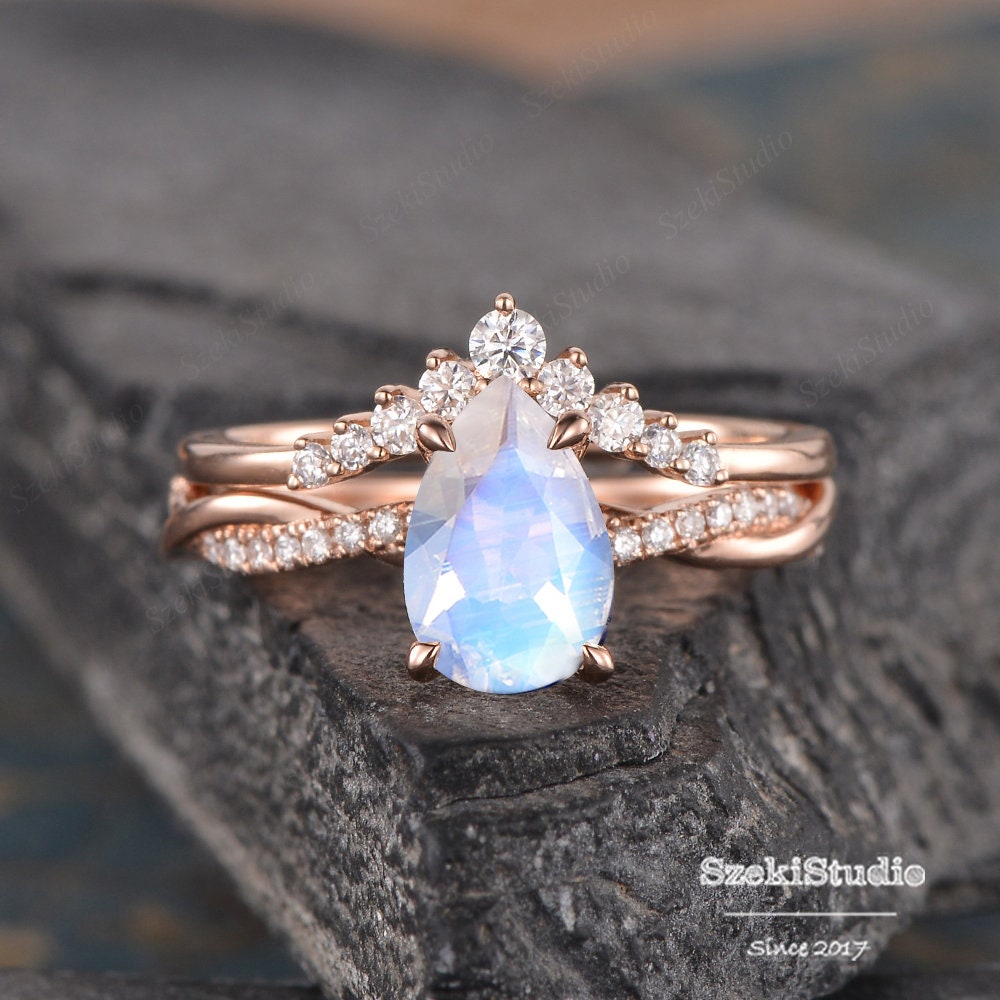 Infinity Pear Shaped Moonstone Engagement Ring Rose Gold 6x9mm Twist ...
