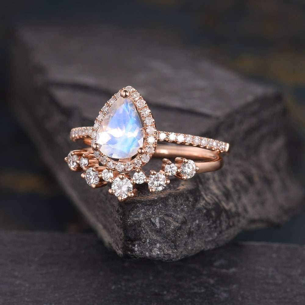 Pear Shaped Moonstone Engagement Ring Cluster Diamond Ring - Etsy