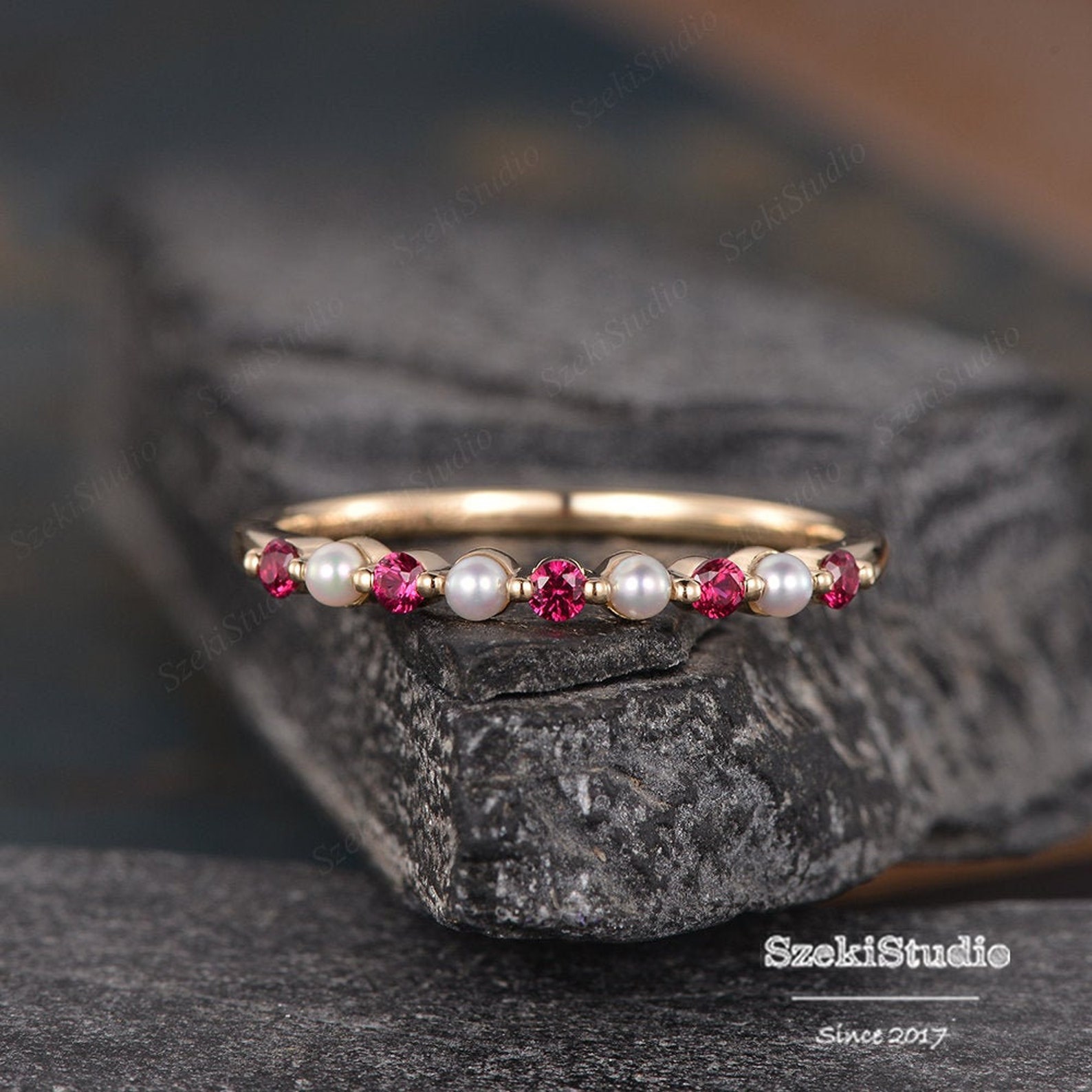 Pearl Ruby Wedding Band Women Rose Gold Pearl Matching Band Akoya Pearl ...