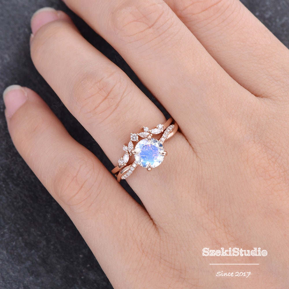 Infinity Moonstone Engagement Ring Set Rose Gold Bridal Set - Etsy