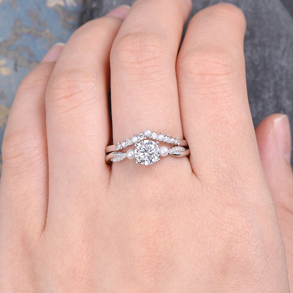 Pearl And Moissanite Engagement Ring Set White Gold Moissanite | Etsy