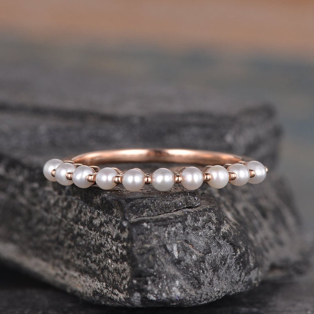 Pearl Wedding Band Women Rose Gold Pearl Matching Band Akoya Pearl Ring ...