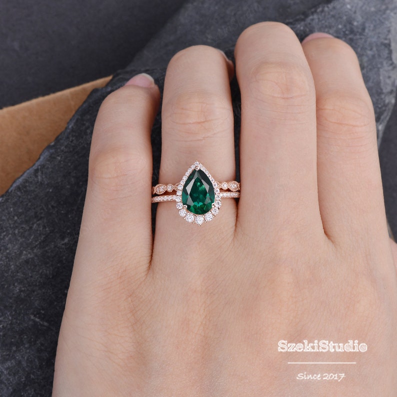 3.5ct Pear Cut Emerald Engagement Ring Set Pear Shaped Wedding Ring ...
