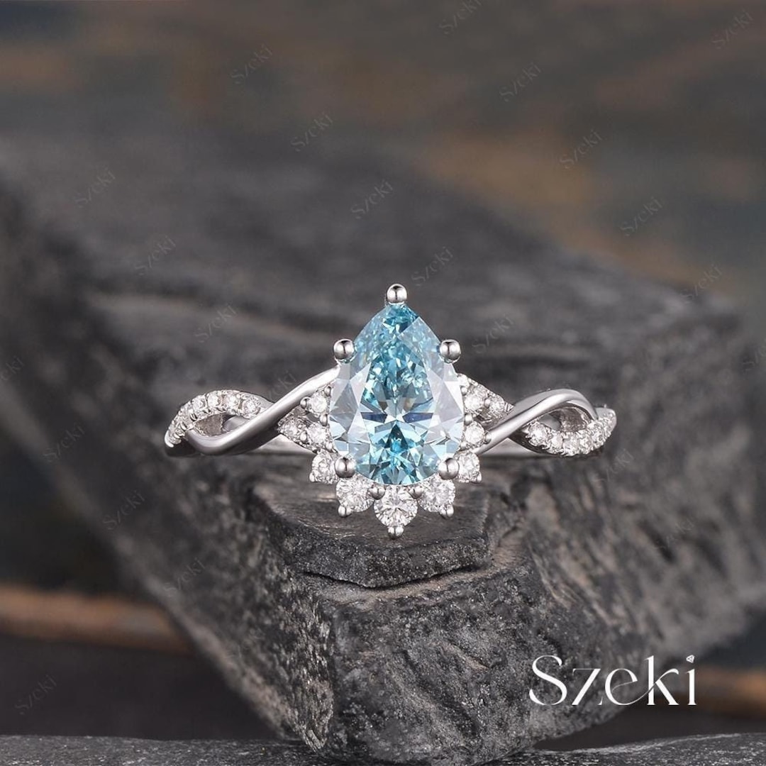 Unique Blue Diamond Engagement Ring White Gold Pear Cut Lab Grown ...