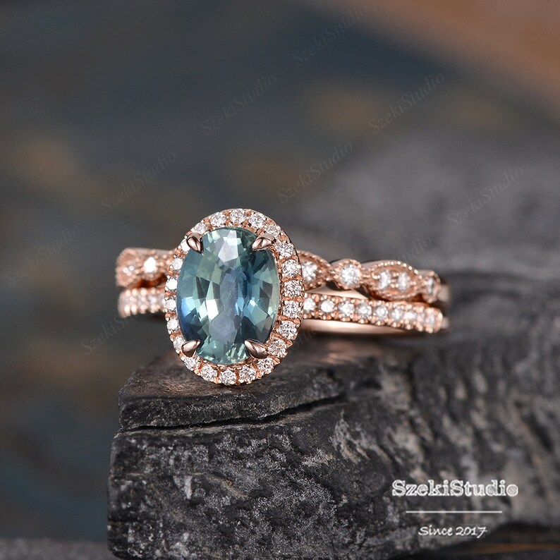 Rose Gold Natural Green Sapphire Engagement Ring Bridal Set - Etsy