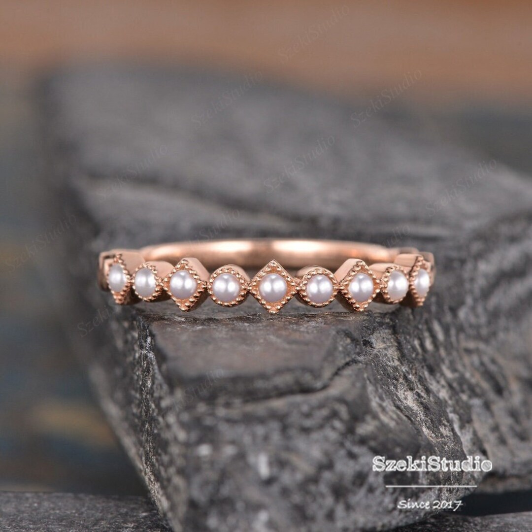 Dainty Pearl Wedding Band Women Rose Gold Pearl Matching Band Pearl ...