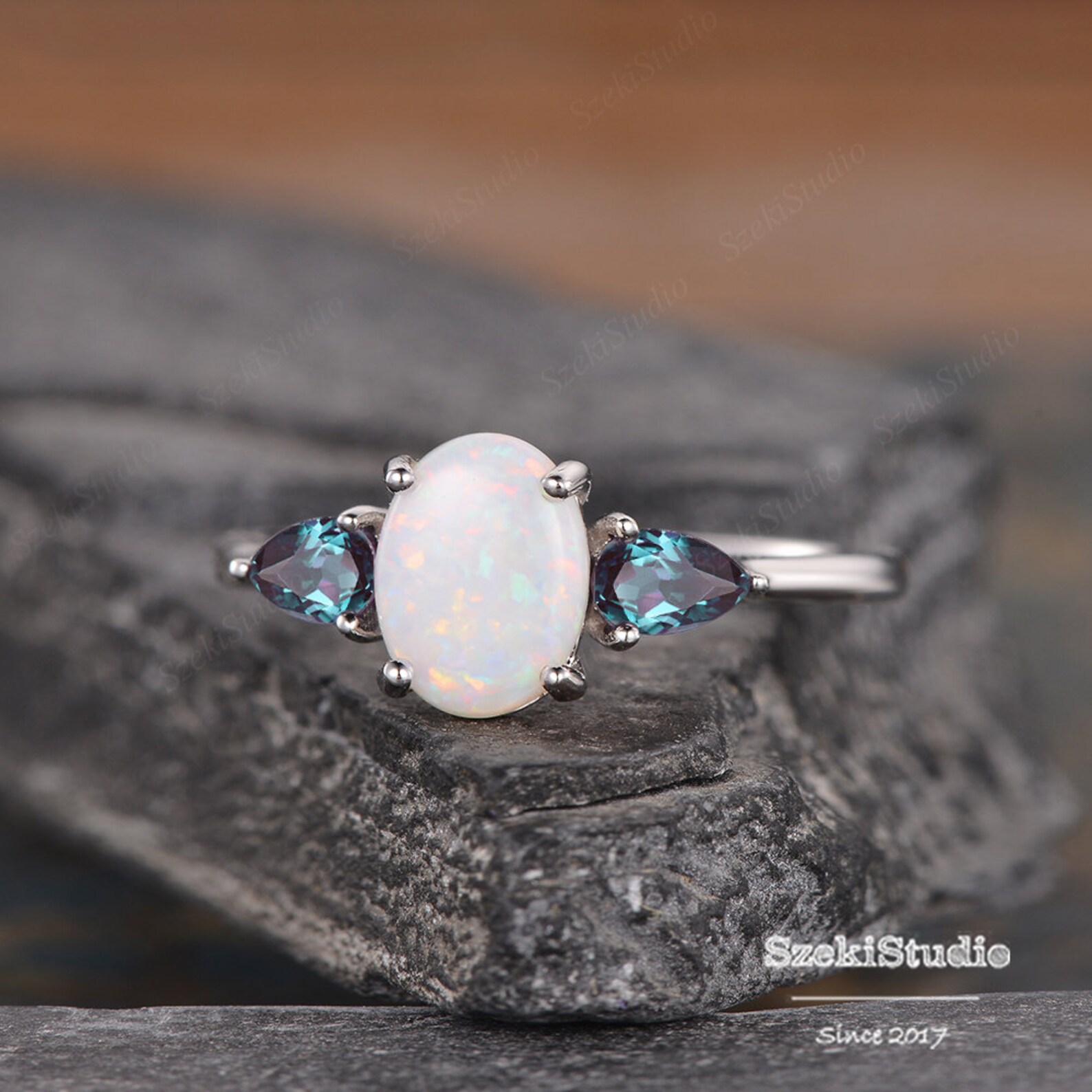 Opal and Alexandrite Ring Oval Cut Cabochon Natural Opal Engagement ...