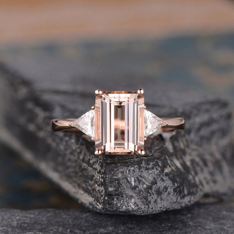 Emerald Cut Morganite Engagement Ring Rose Gold Triangle | Etsy