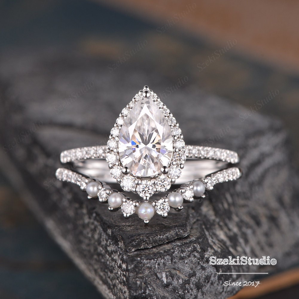 Cluster Moissanite Engagement Ring Set White Gold Pear Shaped - Etsy