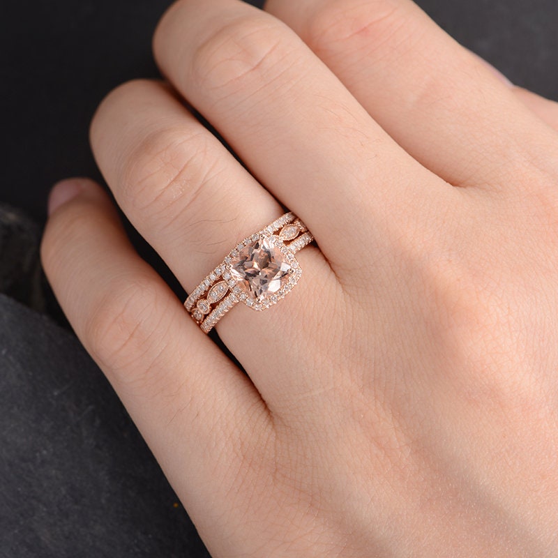 Rose Gold Engagement Ring Set Morganite Bridal Set Halo | Etsy