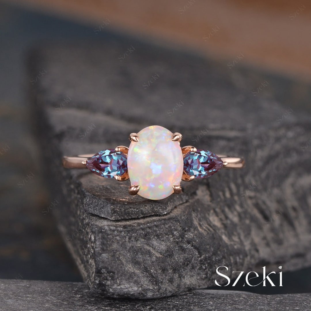 Opal and Alexandrite Ring Oval Cut Cabochon Natural Opal Engagement ...