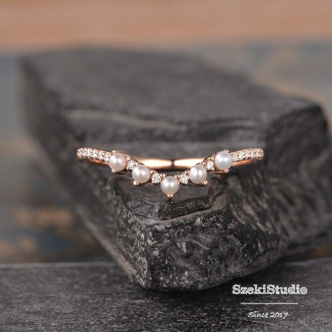 Pearl Wedding Band Matching Ring Rose Gold Pearl Curved Diamond V ...