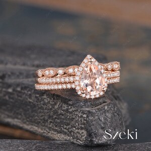 Pear Shaped Morganite Engagement Ring Bridal Set Rose Gold Stacking ...