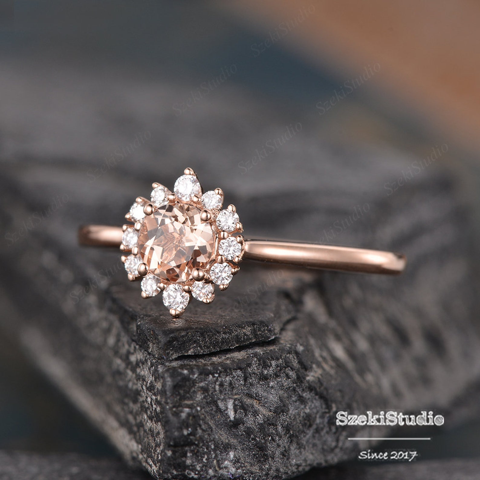 Halo Morganite Engagement Ring Rose Gold Morganite Wedding | Etsy